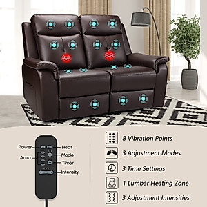 B BAIJIAWEI PU Leather Reclining Sofa - Manual Double Recliner Loveseat with Massage & Heating - 2-Seater Home Theater Seating for Living Room, Reading Room, Bedroom (Brown)