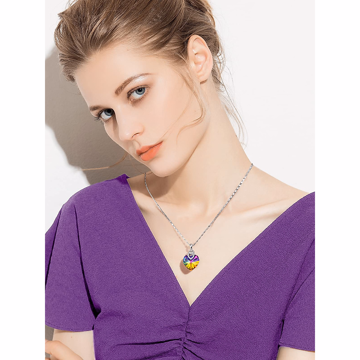 PLATO H 3 Heart Rainbow Crystal Necklace for Women Anniversary Day Gifts for her Pendant Crystal Jewelry Necklace for Girl Wedding Gifts for Mother's Day Valentine’s Day Birthday