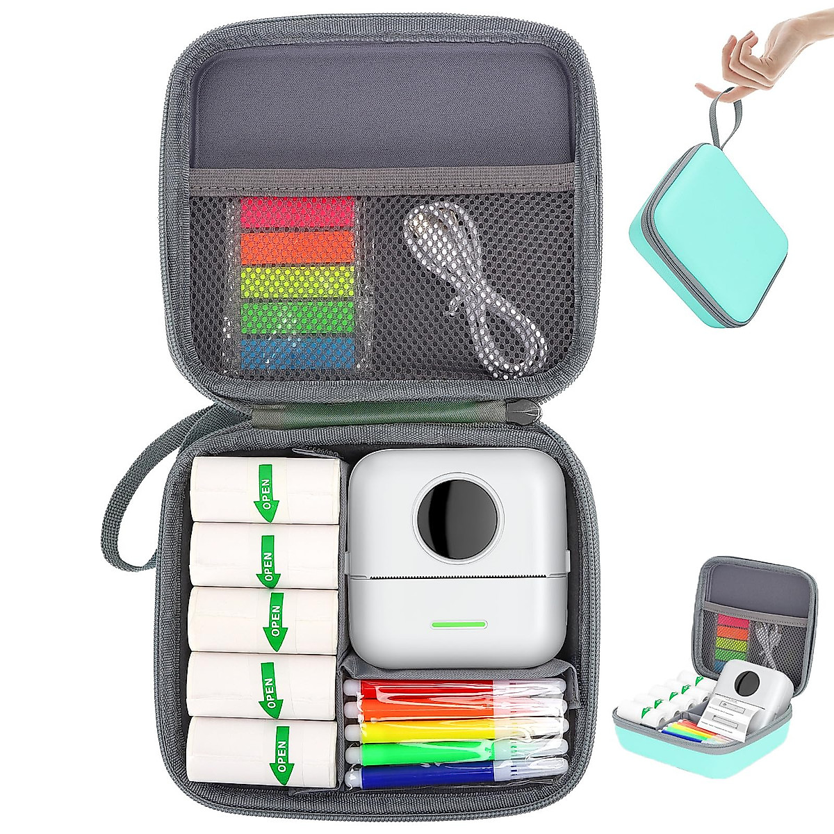 HuiJuKeJi Mini Sticker Printer Case,High-capacity Hard Protective Box for X5/Phomemo M02/T02 Printer,Portable Carrying Case for Thermal Inkless Photo Printer,Instant Camera,Label Marker(Green)