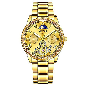 AIYISHI Unisex Golden Watches Luxury Diamond Fashion Waterproof Stainless Steel Luminous Calendar Date Quartz Wrist Watch for Men and Women (Gold dial)