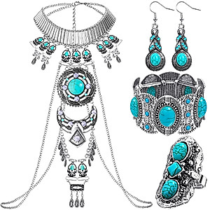 4 Pieces Boho Turquoise Jewelry Set Includes Boho Statement Necklace Body Chains Alloy Oval Resin Drop Dangle Earrings Adjustable Heart Compressed Turquoise Bracelet Turquoise Statement Ring for Women