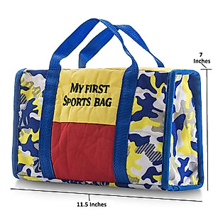 PREXTEX My First Sports Bag Playset with Stuffed Plush Basketball, Baseball, Soccer Ball and Football Great Gift Toy for Baby and Kid