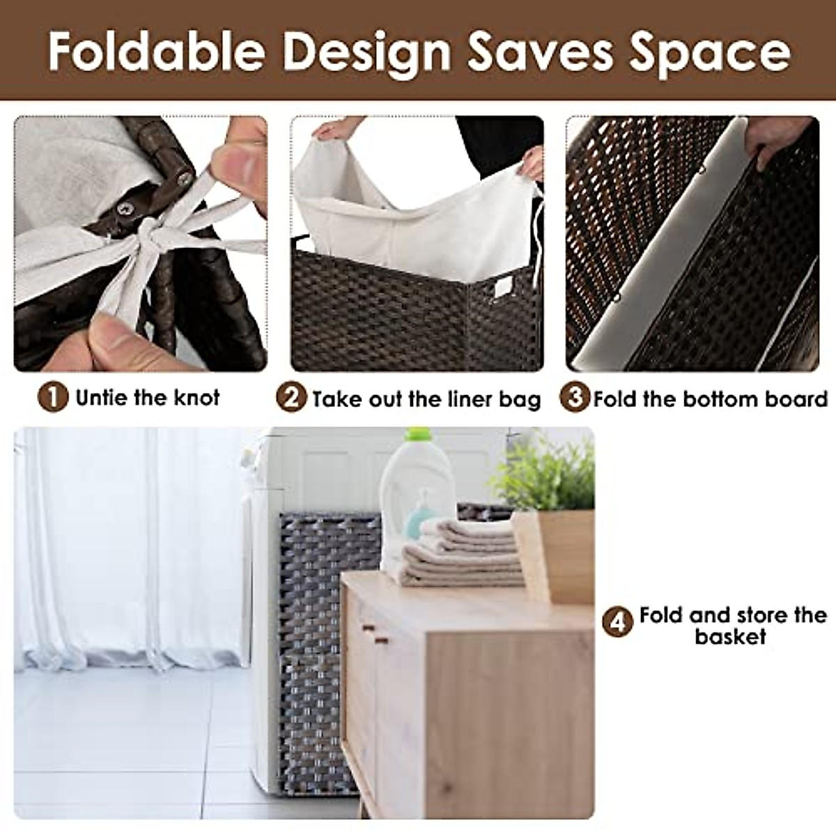 GOFLAME Laundry Hamper with Lid & Handles, 110L Divided Dirty Clothes Hamper with 3 Sections, Handwoven Rattan Laundry Basket with Removable & Machine Washable Liner Bag, Foldable & Easy Assembly