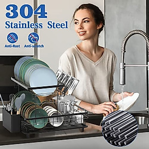 LIONONLY Large Dish Drying Rack with Drainboard, 2 Tier Stainless Steel Drying Racks for Kitchen Counter,Detachable Dish Drainer Organizer Shelf with Utensil Holder Set (Black)