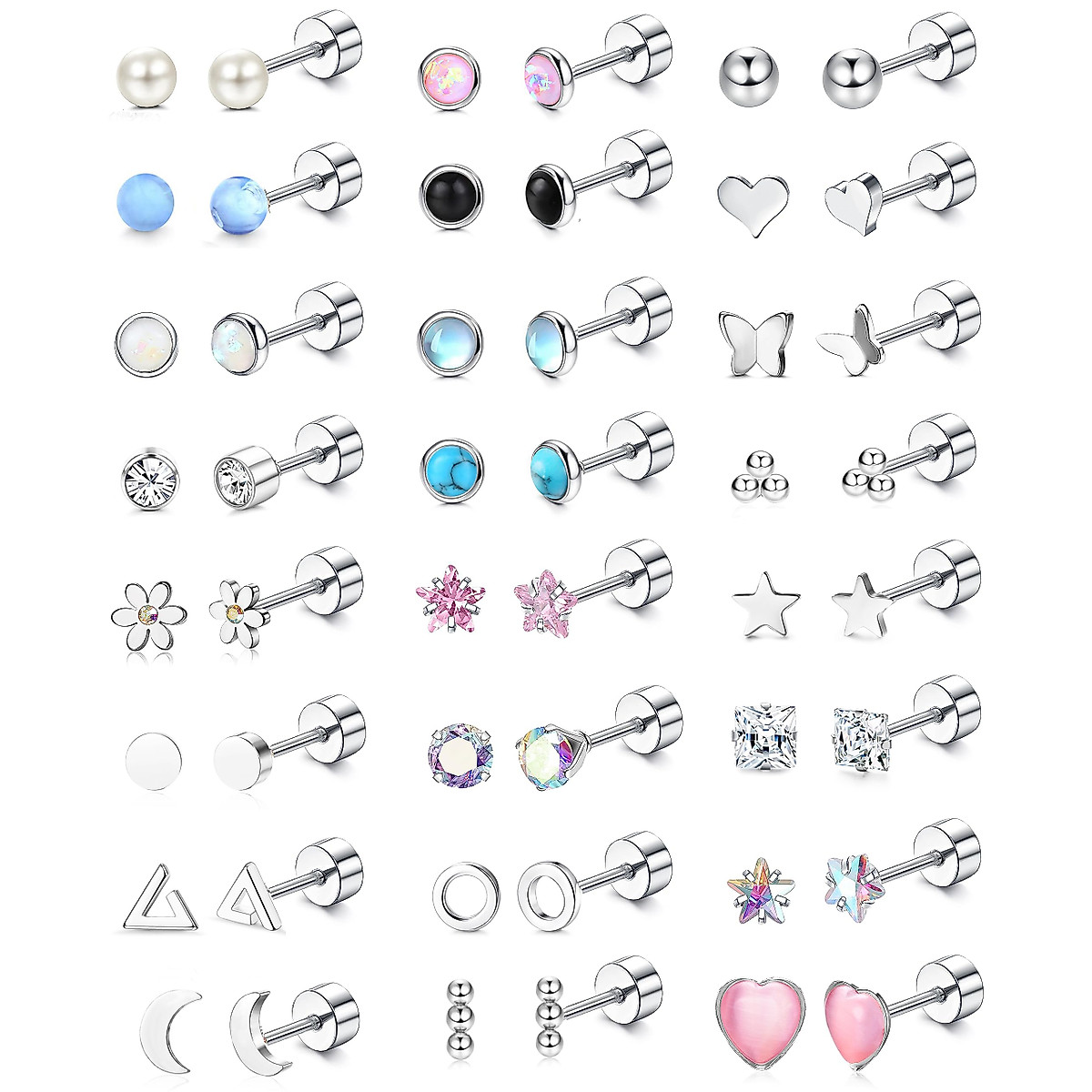 Jstyle Hypoallergenic Flat Back Stud Earrings for Women Surgical Stainless Steel Earrings Sets for Sentive Ears Cartilage Earring Small Flatback Studs Earrings Screw Back Earrings Piercing