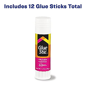 Avery Glue Stic, White, Washable, Non-Toxic, 1.27oz, 6 Glue Sticks, 2-Pack, 12 Total (10221)