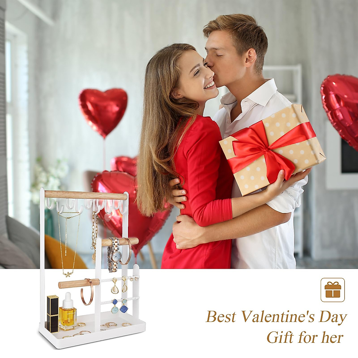 ProCase Jewelry Organizer Stand Necklace Holder, 4-Tier Jewelry Tower Rack with Earring Tray and Holes, 10 Hooks Necklaces Hanging Storage Tree Display for Bracelets Watches Earrings Rings -White