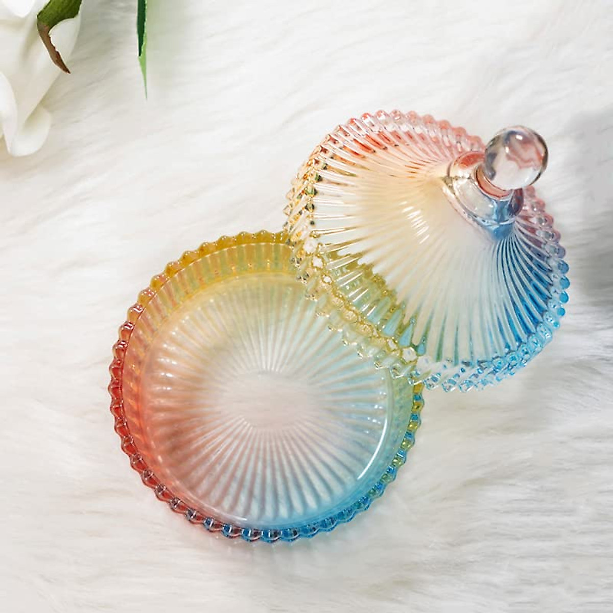 300ml/10oz Colorful Glass Candy Dish with Lid Tent Shaped Crystal Candy Jar Apothecary Jar Wedding Candy Buffet Jar Food Jar Biscuit Containers Decorative Jewelry Box