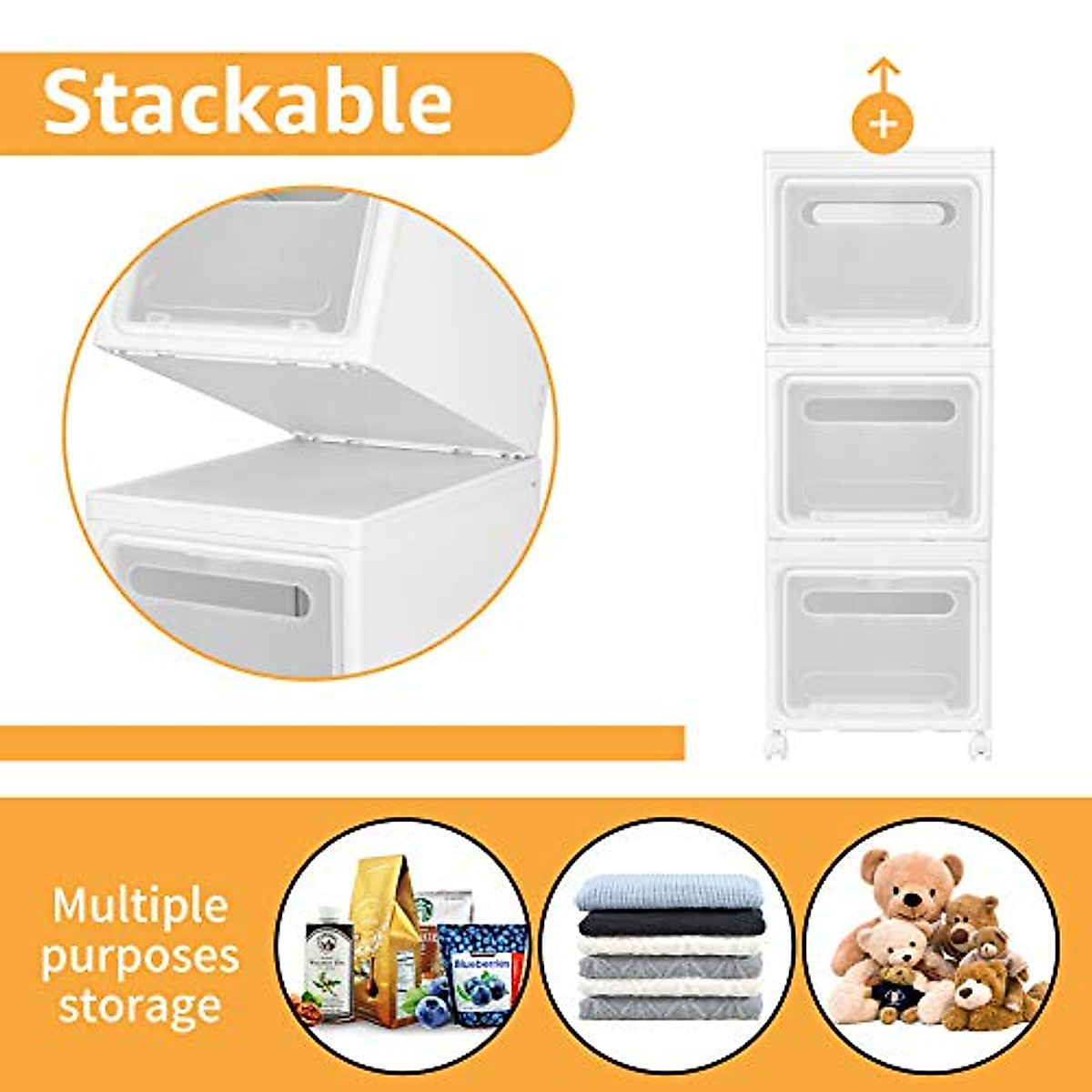 SUN & SUMMER 3 pcs Plastic Drawers Storage Stackable Clear Organizer Drawers Storage Bins with Lids Drawers Baby Dresser Storage Boxes White for Toys and Clothes