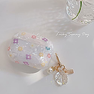 PHOEACC Cute Airpod Pro 2019 Case (NOT for Airpod 3rd 2021) Flower with Shell Pearl Keychain White Marble Soft TPU Protective Cover Compatible with AirPods Pro Case for Girls Teens Women (Floral)