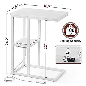 Vagusicc C Shaped End Table with Charging Station, Small Side Tables with USB Ports and Outlets, Snack Sofa Table C Couch Table for Small Spaces, White Bed Side Table for Living Room, Bedroom, Office