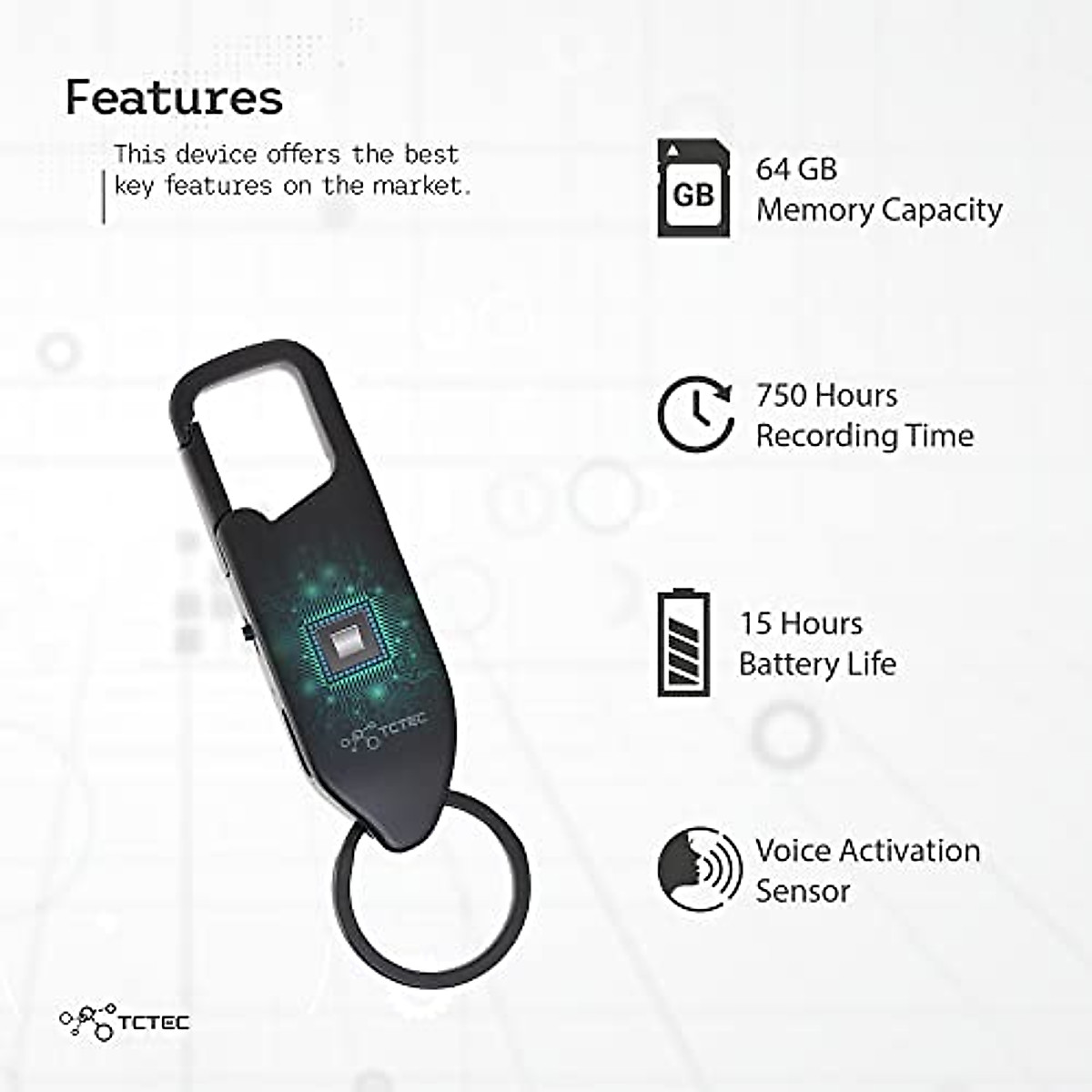 64GB TCTEC Keychain Voice Recorder, Voice Activated Recorder with 750 Hours Recording Capacity, Audio Noise Reduction with Playback, for Lectures, Meetings, Interviews