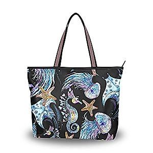 Tote Bag Art Jellyfish Starfish Seahorse Print, Large Capacity Zipper Women Grocery Bags Purse for Daily Life 2 Sizes