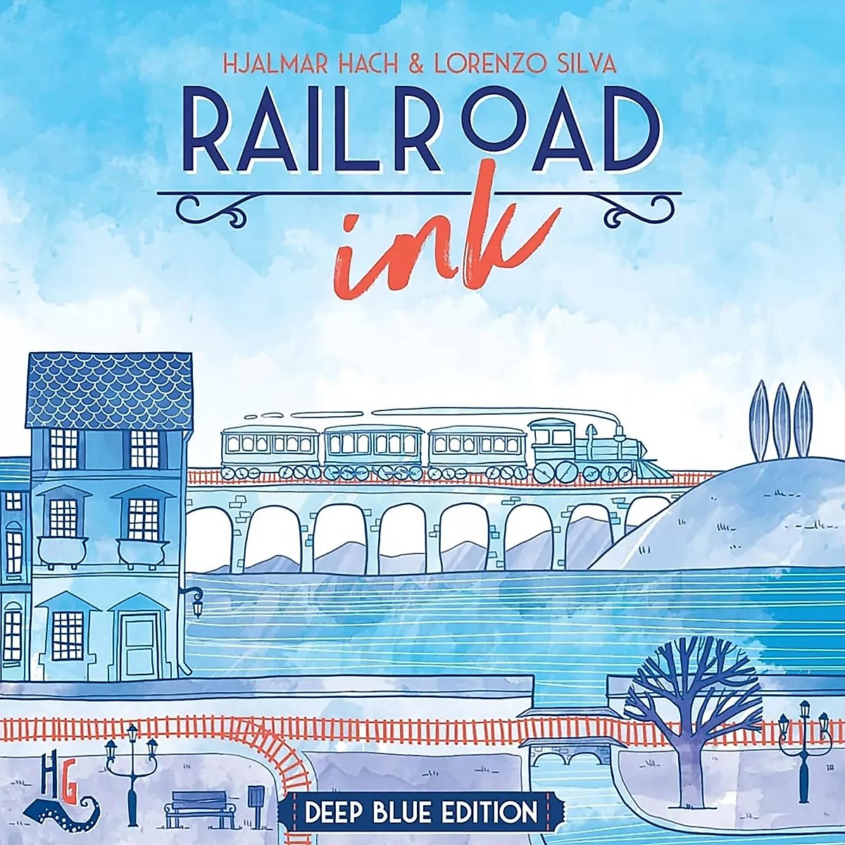 Horrible Guild Railroad Ink: Deep Blue Edition - Roll Dice and Draw Railways and Routes, 7 Rounds to Expand Your Rail Map - Expansion Dice Included Ages 8 & Up (Packaging may vary)