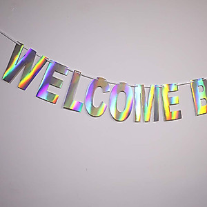 Blukey Holographic Welcome Baby Banner Hanging Bunting String Flag Iridescent White Baby Shower Decorations Banners and Signs