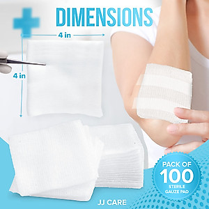 JJ CARE Sterile Gauze Pads 4" x 4" (Pack of 100), 12-Ply Cotton Gauze Pads, Individually-Wrapped Sterile Gauze Sponges, 100% Woven, Non-Stick Medical Gauze Pads for First Aid Kit & Wound Care