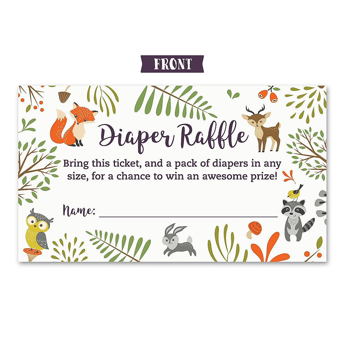 Woodland Diaper Raffle Tickets with Owl and Forest Animals. Pack of 50 Fill In The Blank Unisex Design Suitable for Boy or Girl.