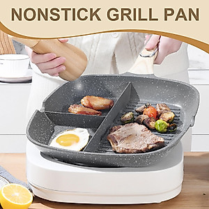 Tauvirboff Nonstick Grill Pan, 3-in-1 Nonstick Divided Breakfast Grill Pan for Stove Tops, Egg Frying Pan for Egg, Bacon & Burgers, Stone Coating Cookware for Gas, Electric & Induction, 11“ (Black)