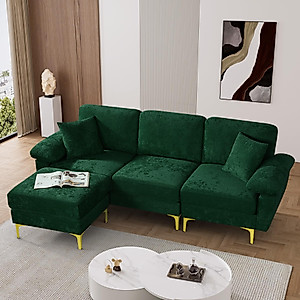 OUYESSIR L Shaped Sectional Sofa Couch, 3 Seat Velvet Sofa with Ottoman and Pillows, Upholstered Comfy Couch Sleeper for Living Room, Bedroom, 88 inches (Green)