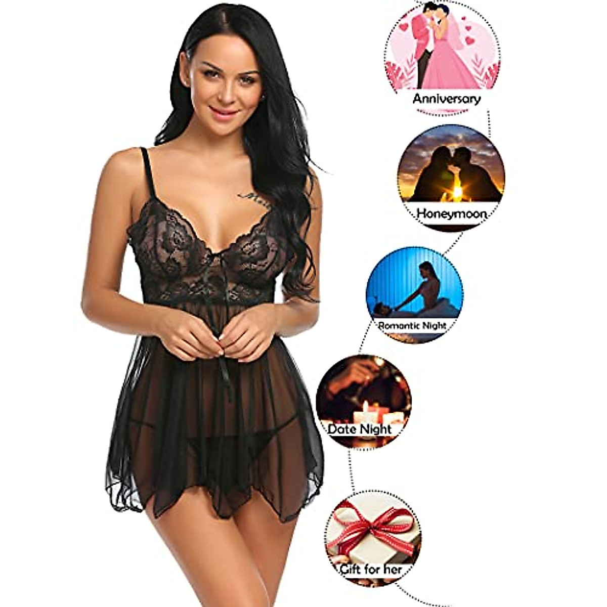 Avidlove Women Babydoll Set Mesh Lingerie Strap Chemise Lace Sleepwear Outfits Black Medium