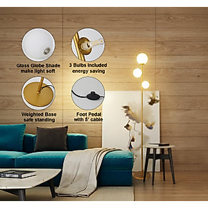 3 Globe Mid Century Modern Floor Lamp for Living Room, Contemporary Gold Floor Lamp with Frosted Glass Shade and Bulbs Included, LED Standing Tall Pole Lamp for Bedrooms, Office - Antique Brass