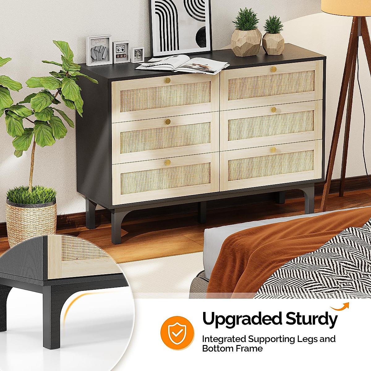 VINGLI Rattan Dresser Mid Century Modern Dresser 6 Drawers, 47.2" (W) x 15.7" (D) x 33.5" (H) Boho Bedroom Furniture Black Wicker Dresser Bohemian