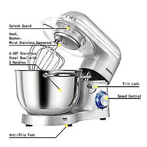 Aucma Stand Mixer,6.5-QT 660W 6-Speed Tilt-Head Food Mixer, Kitchen Electric Mixer with Dough Hook, Wire Whip & Beater (6.5QT, Silver)