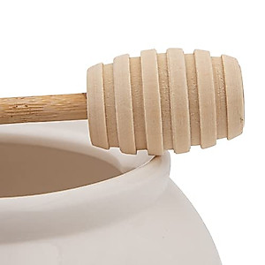 Creative Co-Op White Stoneware Honey Pot with Lid & Wood Honey Dipper (Set of 2 Pieces)