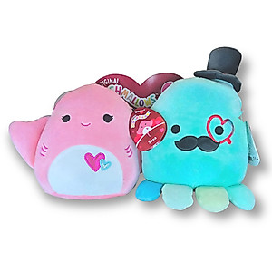 Squishmallows Official Kellytoy Perfect Pair Saxa Stingray and Eiko Fancy Octopus - 2023 Valentine’s Squad Set of 2 Stuffed Animals Plush