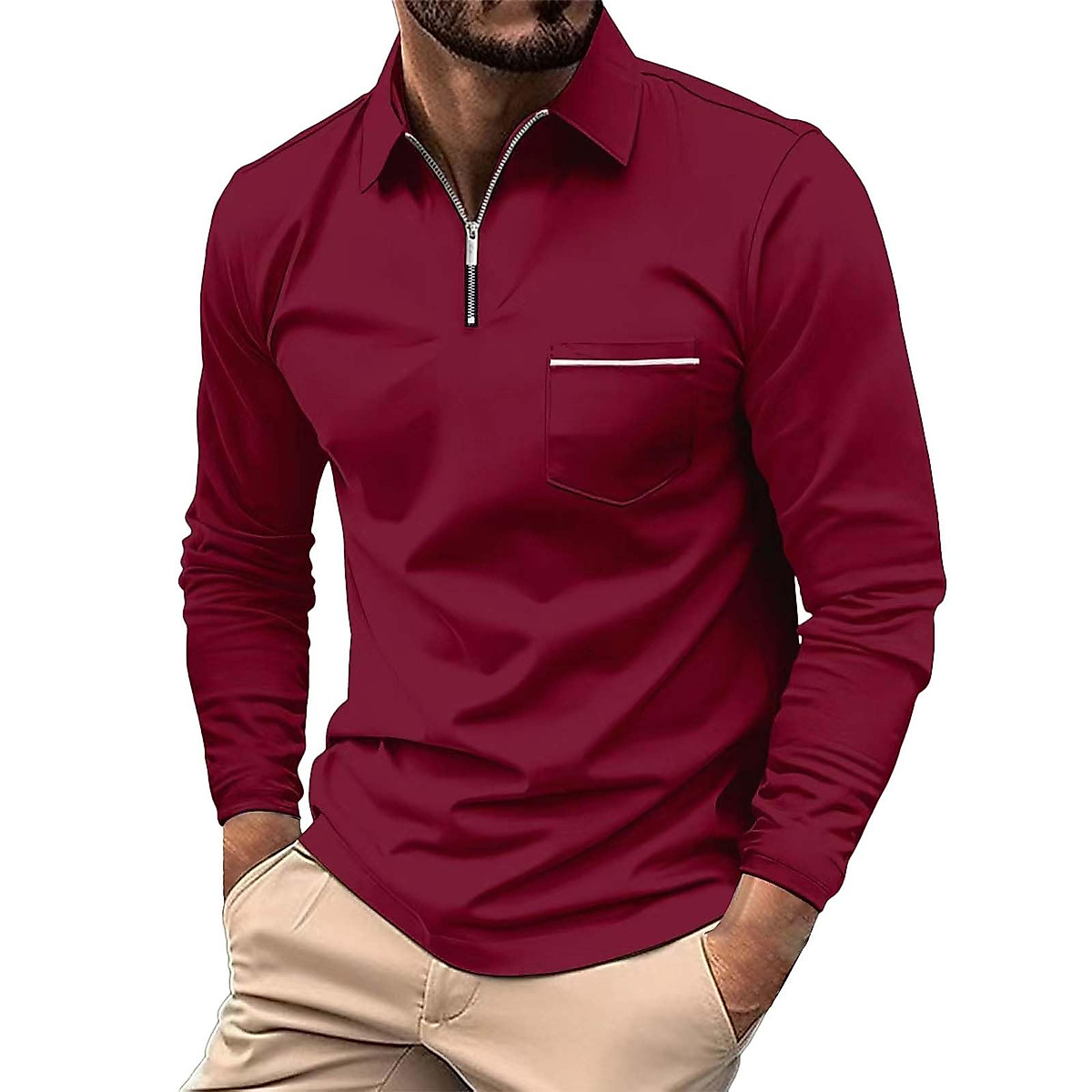 Casual Quarter Zip Polo Sweater for Mens Classic Business Office Work Golf Shirt Winter Fall Slim Fit Long Sleeve Stretch Lightweight Tops with Pocket