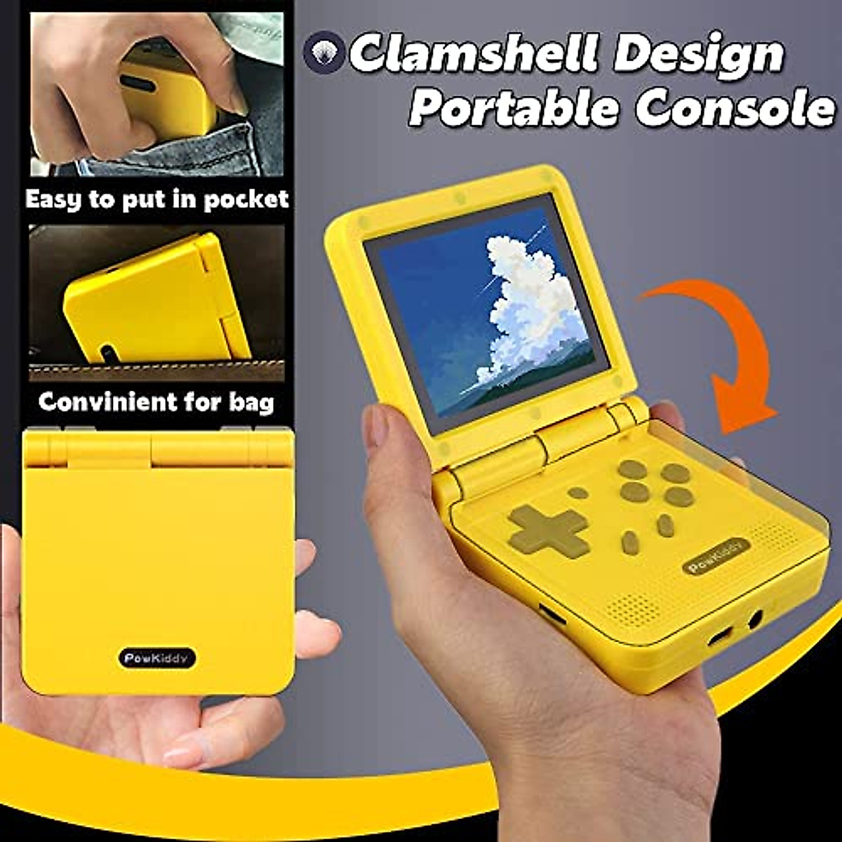 V90 Retro Clamshell Game Console 3 Inch IPS Screen Open System Handheld Game Console Built-in Rechargeable Battery Portable Style Handheld Gaming Video Console System with Case (Yellow, 64G)