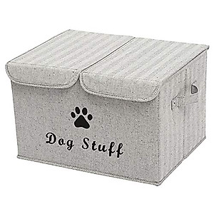 Xbopetda Linen Fabric Box with lid and Handles Foldable Dog Storage Cubes Box,Great for Dog Apparel & Accessories-Striped Gray