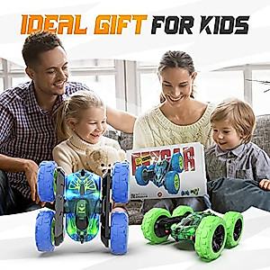 BEZGAR LED Remote Control Car for Boys, 2.4GHz Double Side 360 Flips RC Stunt Car for Boys 8-12, 4WD All Terrain Stunt Car with Rechargeable Battery