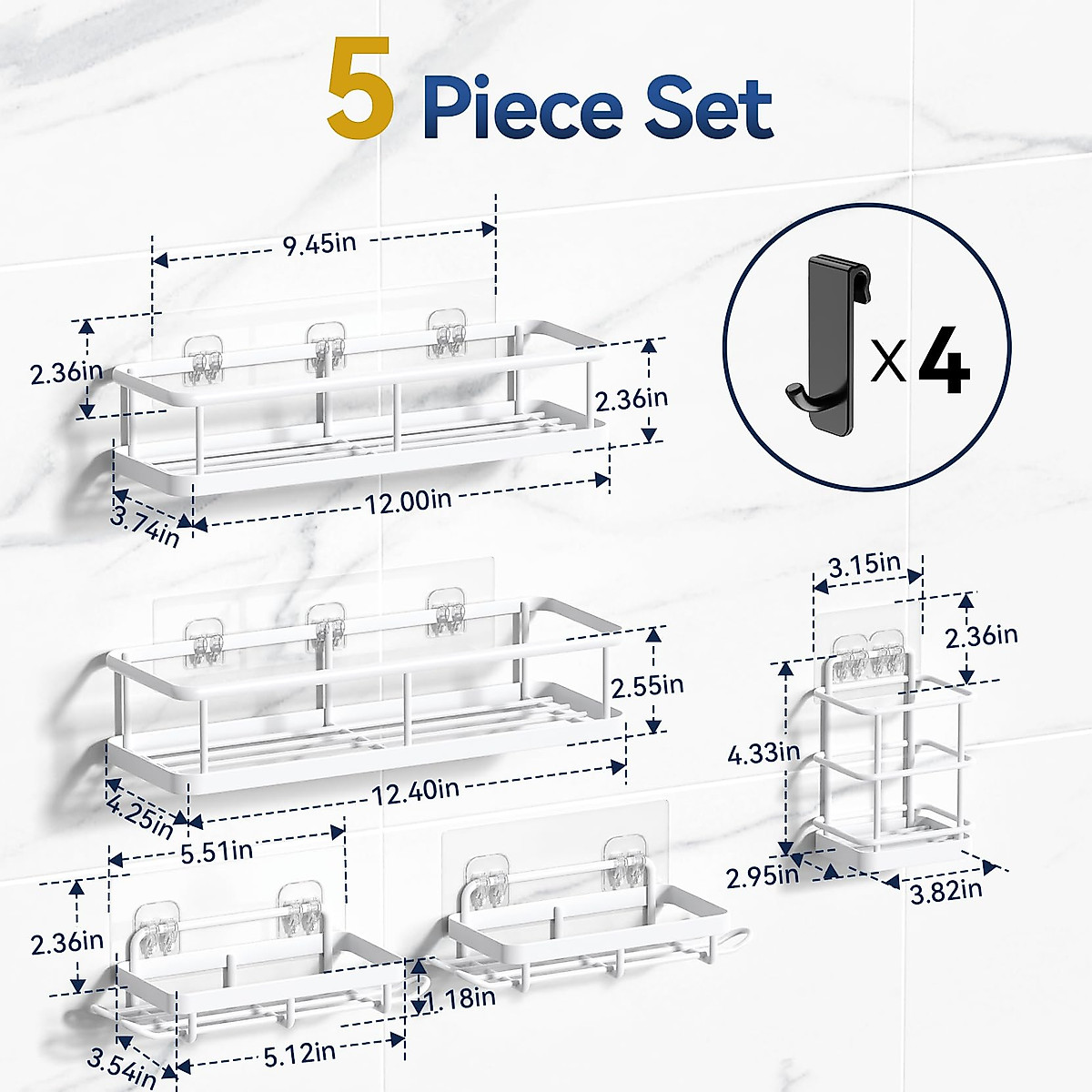 YASONIC Shower Caddy Adhesive 5 Pack, No Drill Bathroom Shower Organizers with Removable Hooks, Rust Proof Shower Shelves for Inside Shower, Wall-Mounted Shower Holder, White