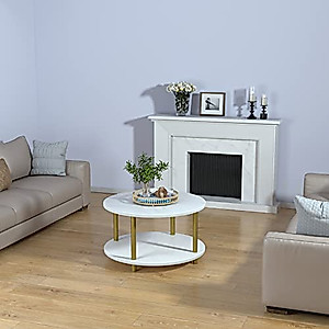 Round Coffee Table for Living Room，31.5’’ 2 Tier Modern Gold Coffee Table with Open Storage Shelf,Gold Metal Legs and White Faux Marble Table Top