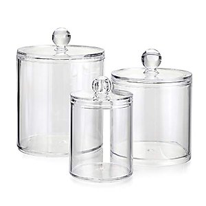 Hipiwe Set of 3 Cotton Ball and Swab Organizer with Lid - Apothecary Acrylic Jar Makeup Cotton Organizer Q-Tips Holder Bathroom Vanity Storage Canister Jar for Cotton Rounds Pads