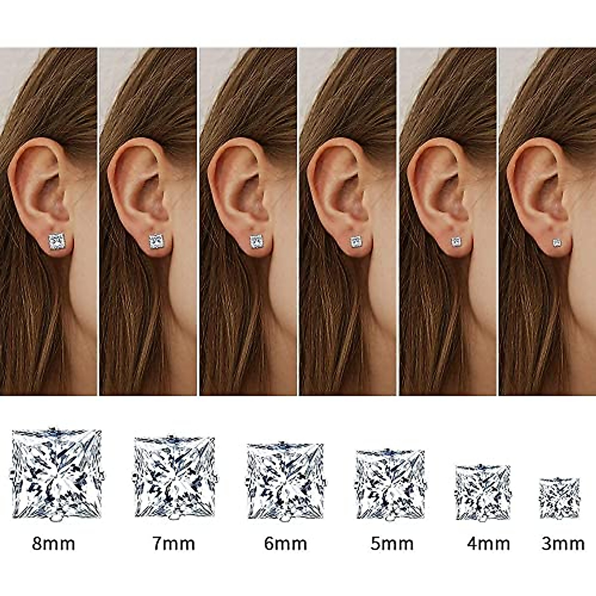 UHIBROS Stainless Steel Stud Earrings Set for Men, 18K White Gold Plated Square Cubic Zirconia Studs Hypoallergenic Mens Earrings Pack 6 Pairs, Gifts for Men Women