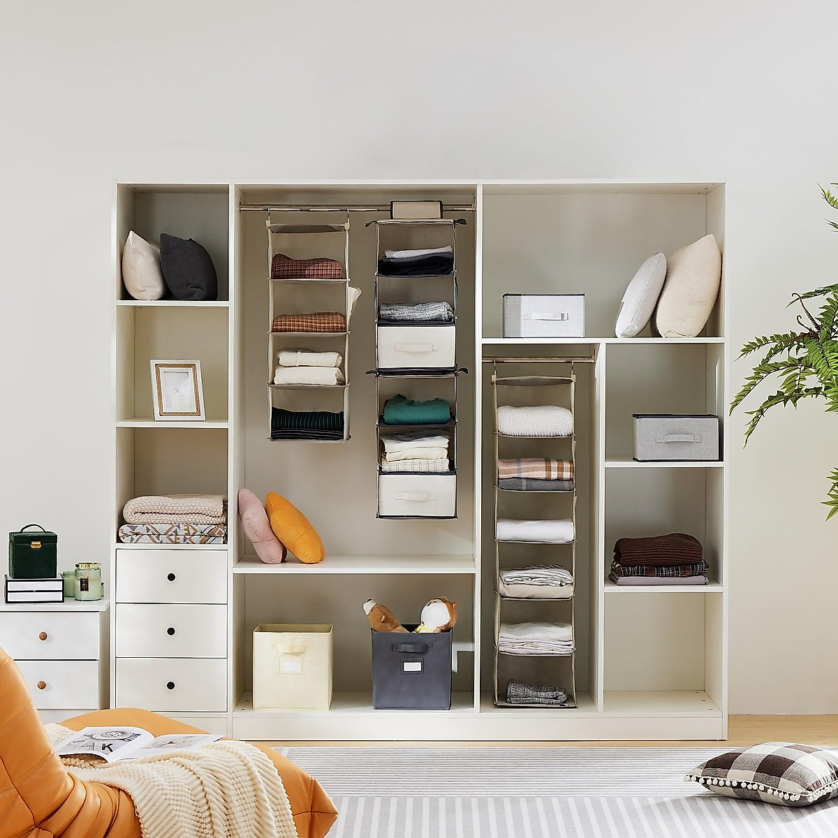 YOUDENOVA Hanging Closet Organizer, 4-Shelf Closet Hanging Storage Shelves, Beige