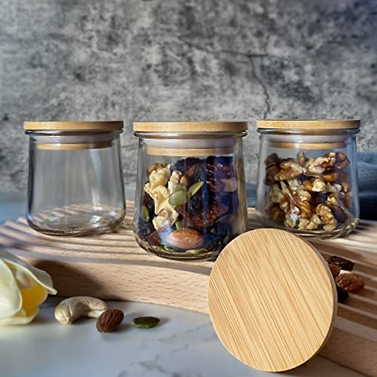 Oui Yogurt Jar Lids-8 Pack Oui Lids- Natural Bamboo Wood with Silicone Sealing Rings and Oui Yogurt Bottle Label,For 5 Oz Oui Yogurt Jars