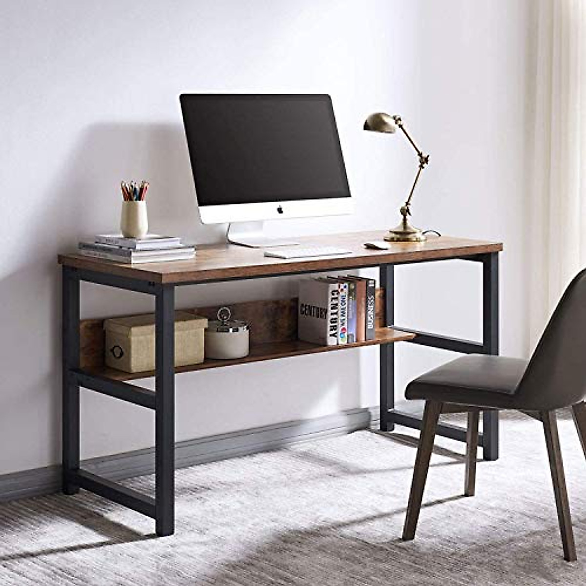 AMOAK Computer Desk 47" with Bookshelf, Office Desk, Writing Desk, Wood and Metal Frame, 1.18in (3cm) Thickened Desktop, Industrial Style, Study Table for Home Office, Retro Brown