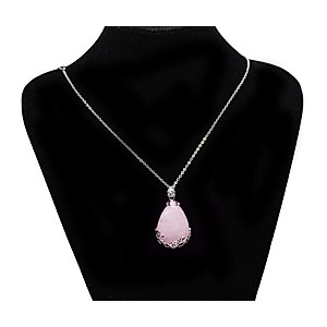 KISSPAT Natural Teardrop Rose Quartz Pendant Necklace on 20" Stainless Steel Chain