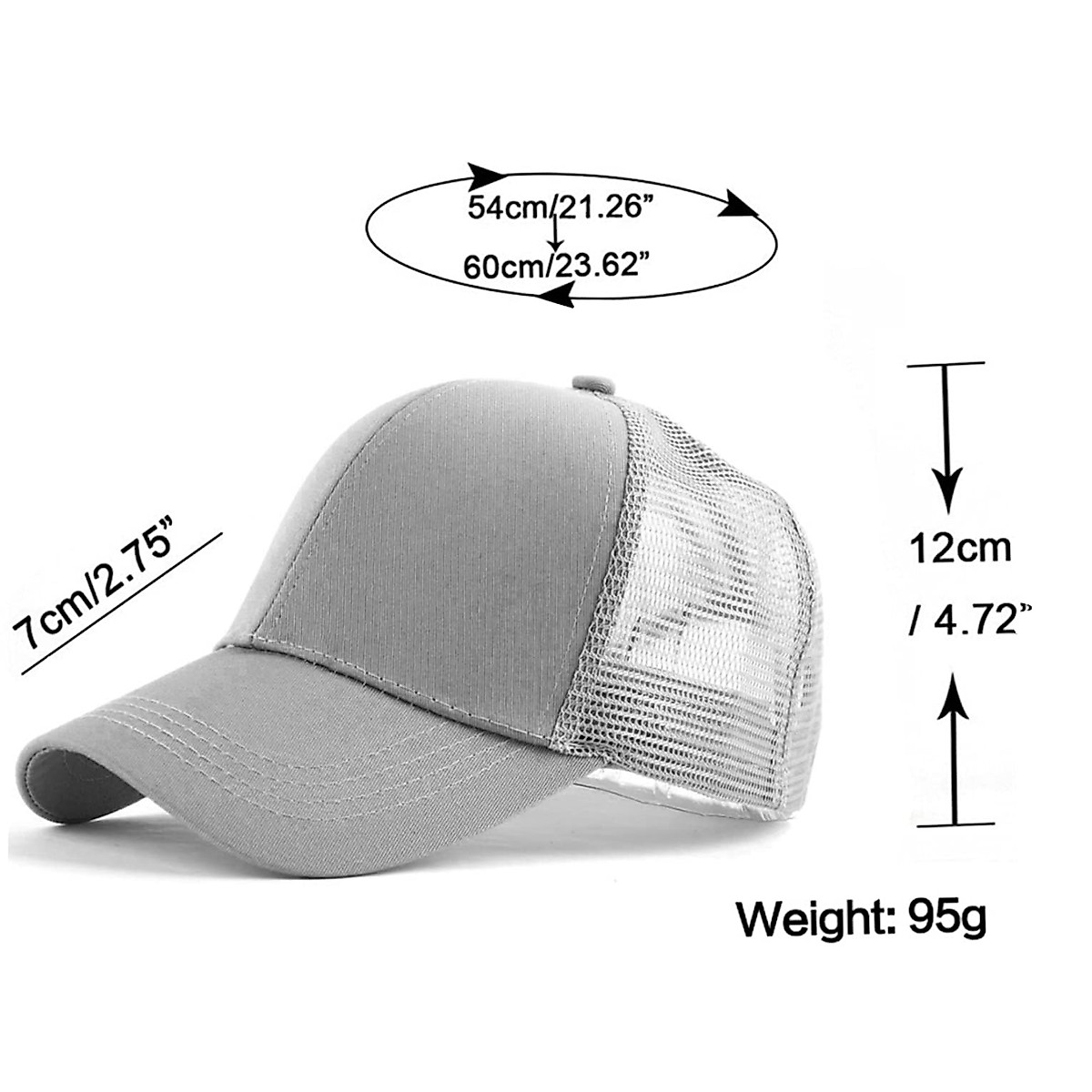 Solid Ponytail Hat Baseball Cap Cotton Mesh High Bun Pony Cap Women 56-58cm (22"-23") (Black_and_Grey_2pcs, Adjustable, m)