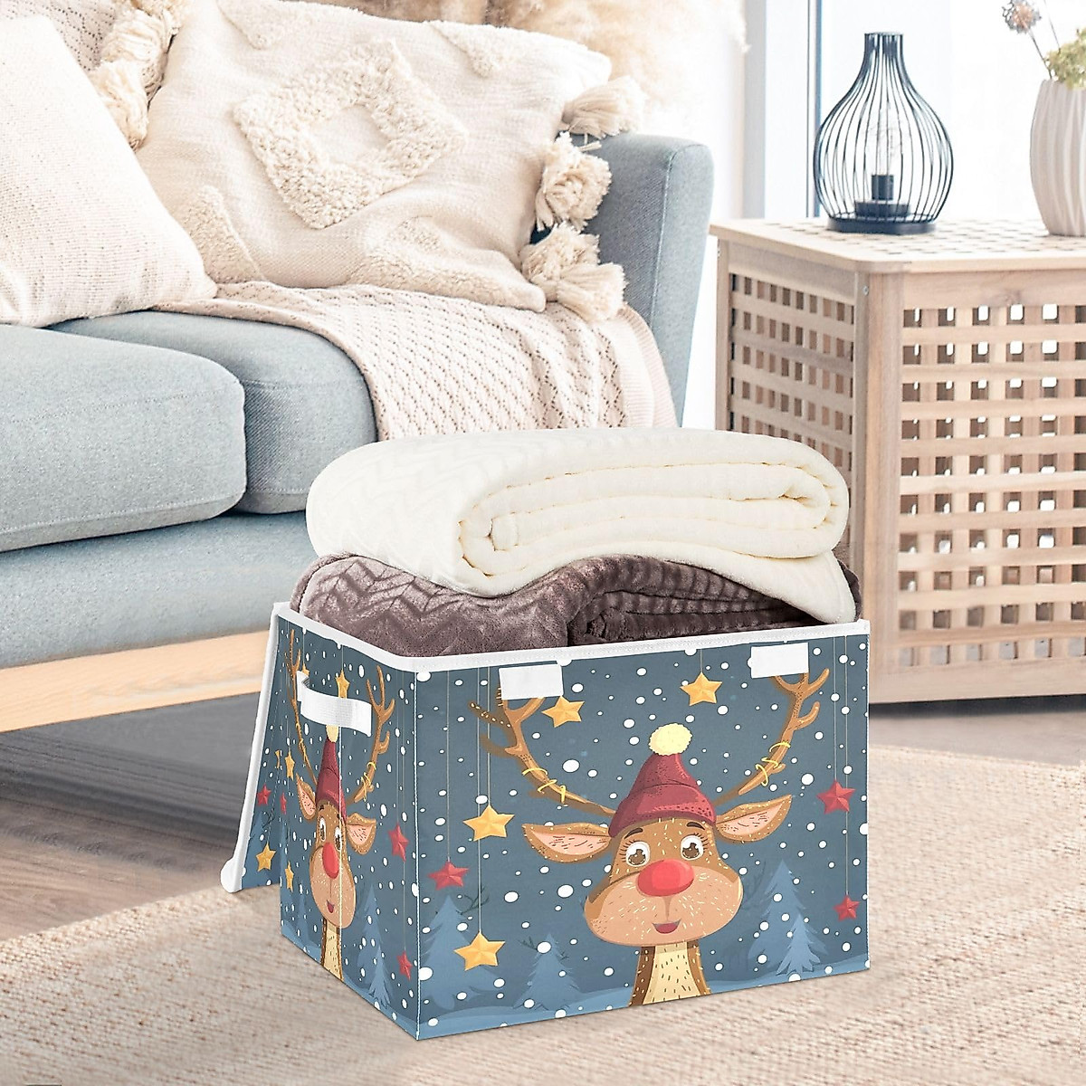 DALAWU Containers Baskets with Lids Christmas Reindeer with Red Nose Foldable Storage Bins Organizer with Lid Collapsible Storage Boxes for Home Bedroom Closet Office