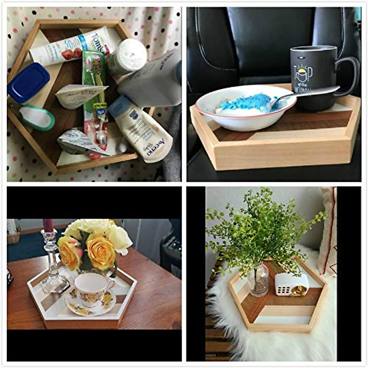 Prometis Hexagon Serving Decorative Tray Sturdy Wooden Handmade，Great for Dinner Tray/Coffee Table/Decoration Table