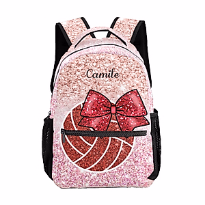 NZOOHY Glitter Volleyball Bow Personalized Kids School Backpack Custom Name for Boys Girls Primary Daypack Bookbag Travel Bag