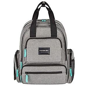 YavoBaby Diaper Bag Backpack - Large Capacity 18 Pocket Multi-Functional Unisex Diaper Bag - Extremely Durable and Stylish - Includes Changing Pad, Stroller Straps, and Nursing Pouch -Gray w/Teal Tags