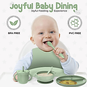 WANDA KIDZ Silicone Baby Feeding Set - Baby Led Weaning Supplies - 6PC Self Feeding Baby Utensils; Suction Plate, Bowl, Bib, Cup, Spoon, Fork - First Stage Baby Eating Essentials - 4+ Months - Blue