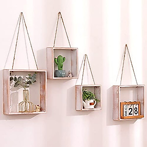 Square Farmhouse Easter Washedwhite Floating Shelves,Wall Mounted Cube Display Shelf Shadow Boxes,Large Wooden Wall Organizer Hanging Shelf,Home Boho Wall Decorations for Living Room Bedroom,Set of 4
