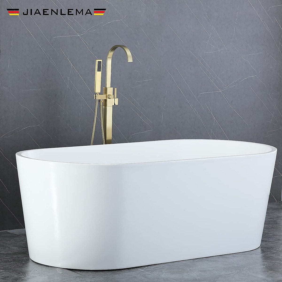 Waterfall Floor Mount Freestanding Bathtub Faucet Brushed Gold Single Handle Freestanding Tub Faucet Brass Tub Filler Tub Shower Faucet with Hand Shower 59in Hose Bathtub & Shower Systems JIAENLEMA