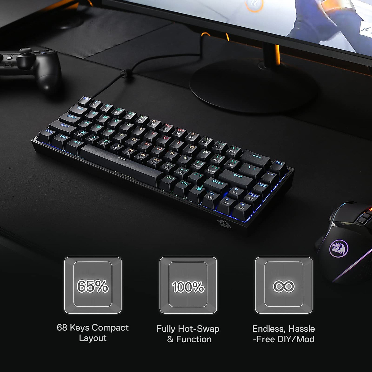 Redragon K631 Castor 65% Wired RGB Gaming Keyboard, 68 Keys Hot-Swappable Compact Mechanical Keyboard w/100% Hot-Swap Socket, Free-Mod Plate Mounted PCB & Dedicated Arrow Keys, Quiet Red Linear Switch